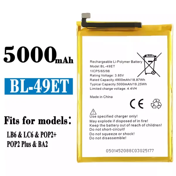 Battery BL-49ET for Tecno LB6 / LC6 / POP2+ / POP2 Plus /BA2 ...